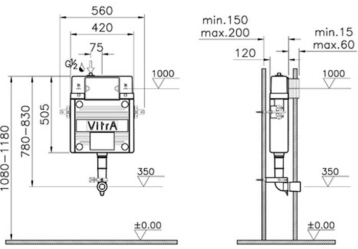 Vitra 3 - 6 L Concealed Cistern and auto flush bundle