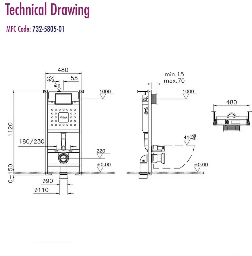 VitrA V-Care Ultra Smart Wall-Hung Bidet Toilet with Frame and Flush ...